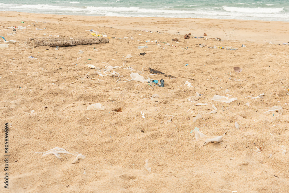 Sri Lanka, Bottles of plastic and garbage on the sand on the beach near ...