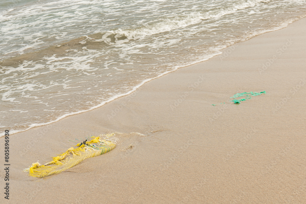 Sri Lanka, Bottles of plastic and garbage on the sand on the beach near ...
