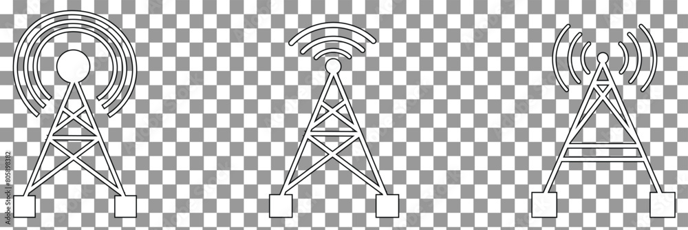 Antenna line icon set. Radio antenna black linear vector isolated on transparent background ...