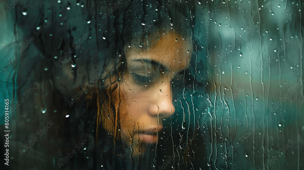 A young woman with long dark hair sits by a window, looking out at the ...