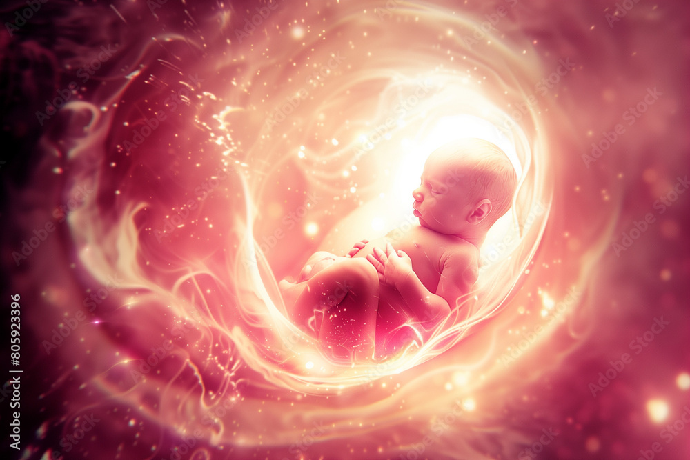 Little human baby inside mother womb. Small embryo in uterus, sleep in ...