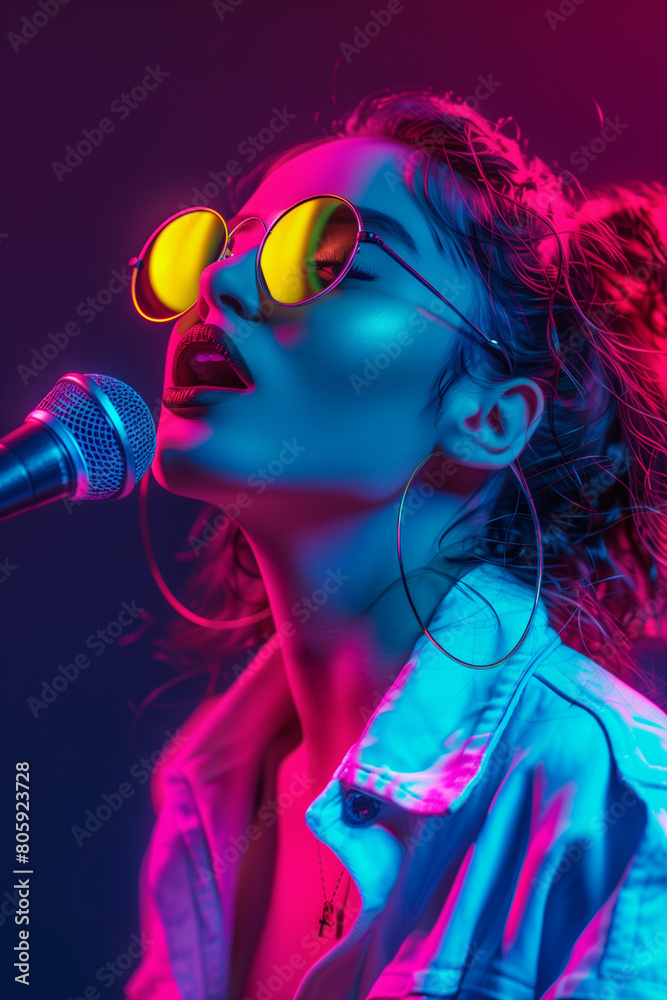A Beautiful Woman In Glasses Singing Into A Microphone On Colorful ...