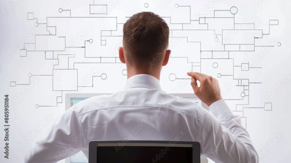 businessman using computer show organigram or diagram algorithm flow to design workflow ...