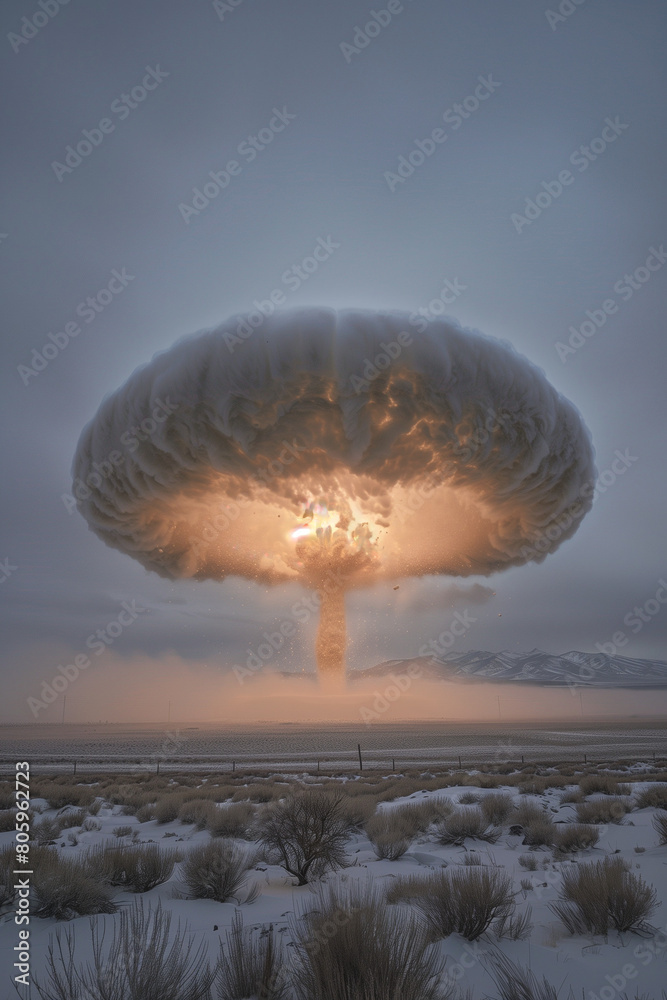 Nuclear explosion on an island in the ocean. Fire mushroom cloud ...