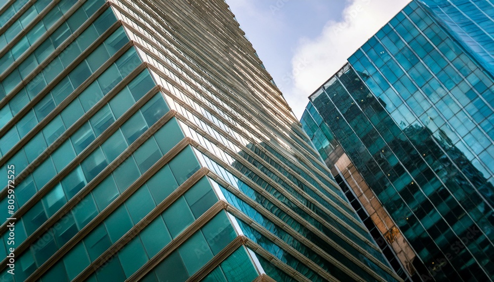 reflective skyscraper business office buildings, captured from a bottom ...