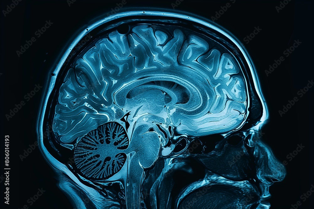 Blue X-ray image of human brain anatomy, 3-D sagittal section (side ...