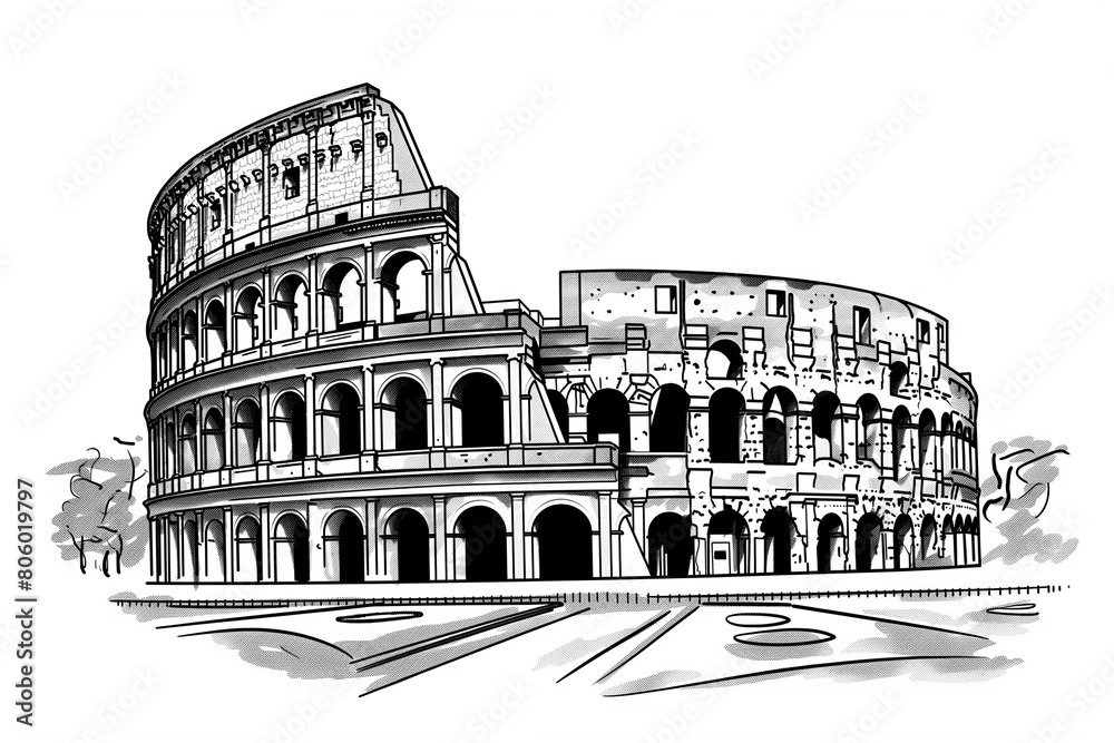 Black and white line drawing illustration of Colosseum in Rome, Italy ...