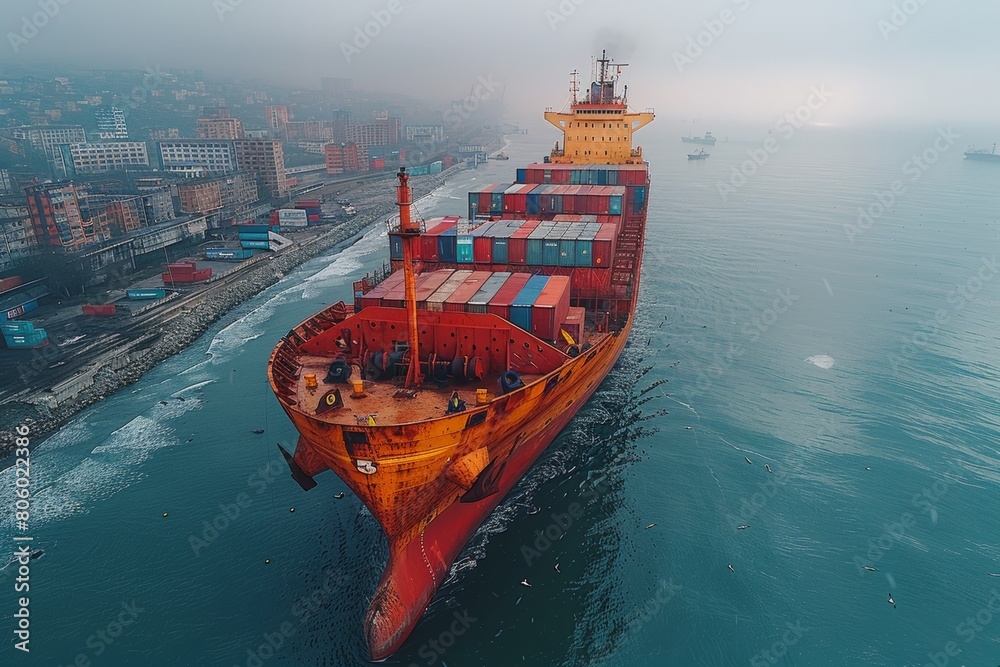 Container ship setting sail from the bay, bound for the ocean ...