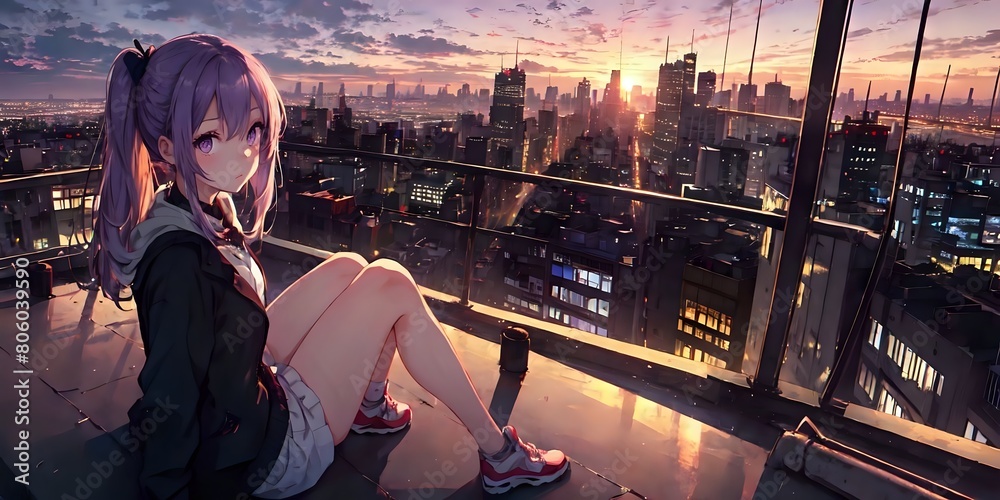 Cute anime girl sitting on the roof of a multi-story building, anime ...
