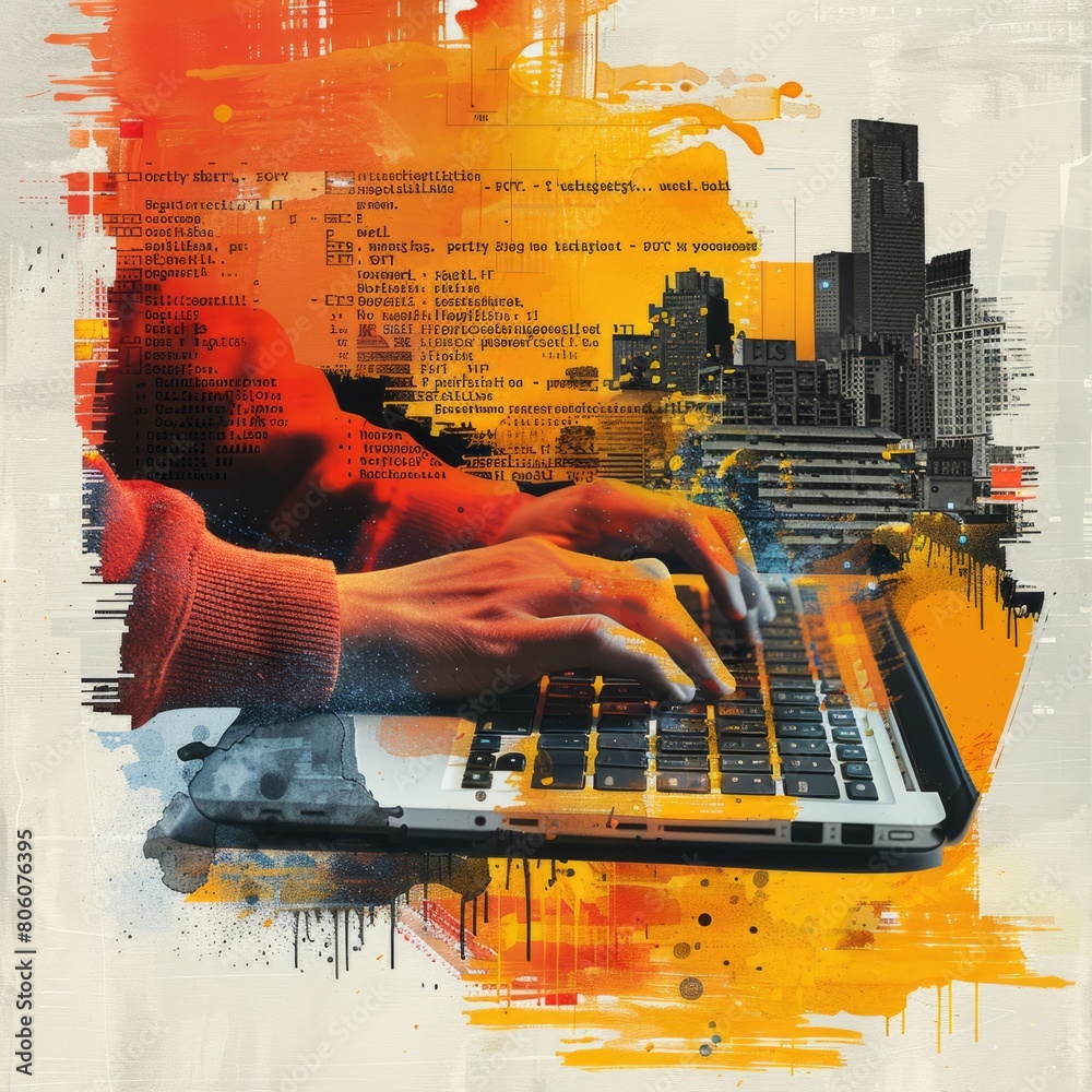 In the picture you can see a person typing on a laptop. The background ...