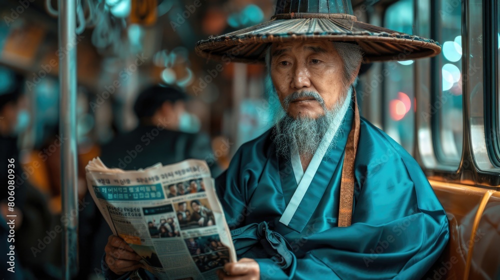 Elderly Korean man in traditional hanbok reading a newspaper on a metro ...