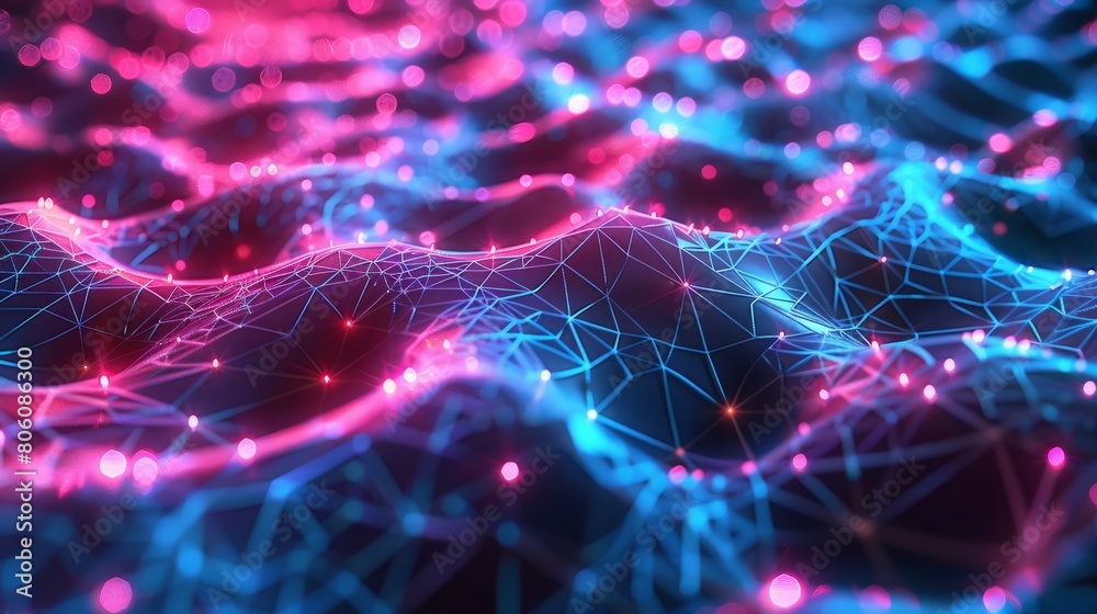 Neural patterns network artificial intelligence on neon glow light background. Neural interface ...