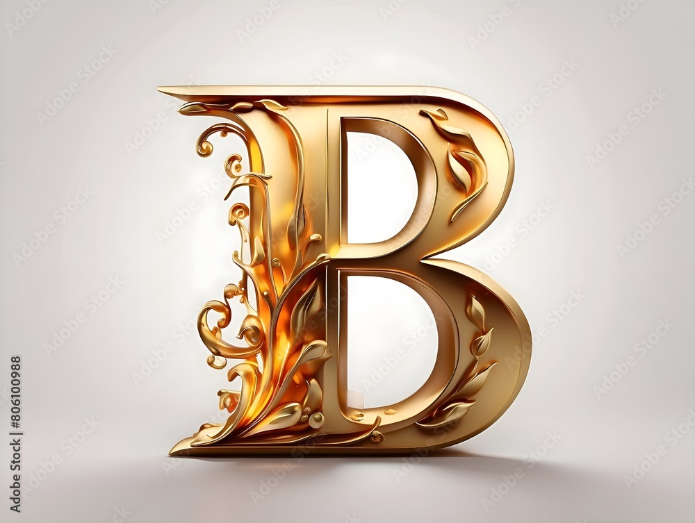 The letter B in gold color, with flames of fire, made of gold, in three ...