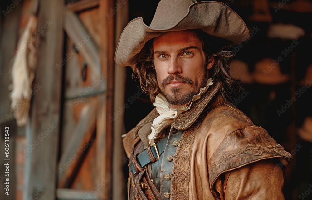 a dapper musketeer dressed in period regalia, exuding courage and ...