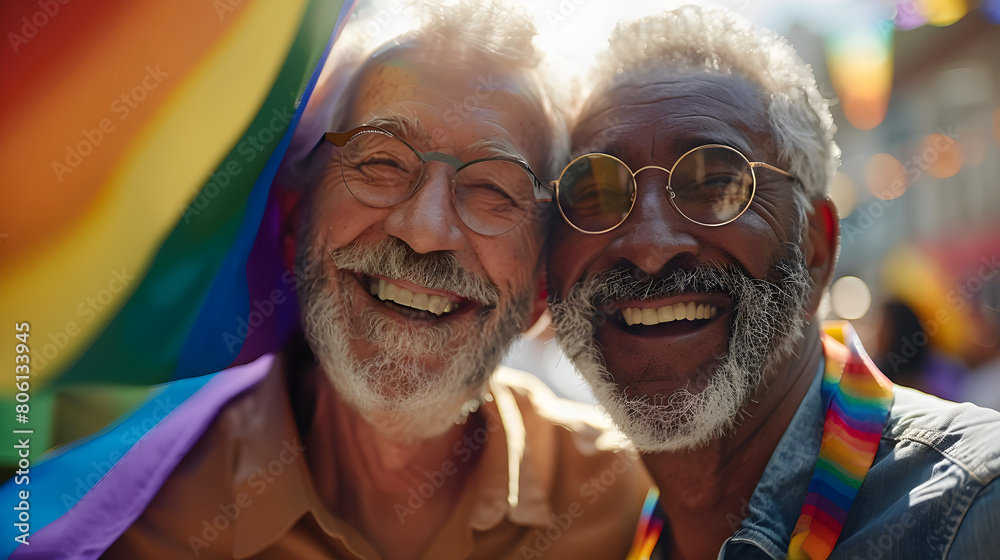 Two older adults smiling and embracing during a pride celebration ...