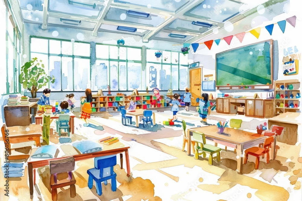 A watercolor of education, showing a bustling elementary school ...