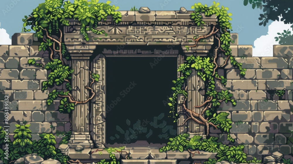 Detailed pixel art of an overgrown ancient temple entrance, Concept of ...