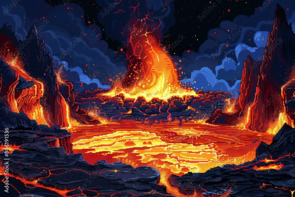 Pixel art depiction of an erupting volcano with cascading lava and ...