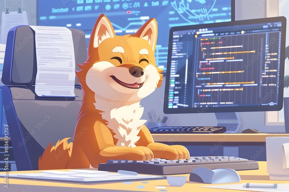 Shiba Inu Professional: Cartoon Shiba Inu Sits at Office Desk Typing ...