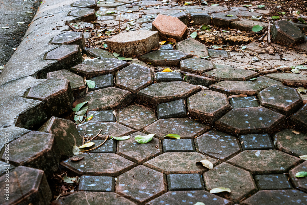 Pavement surface is damaged and dangerous. Broken brick blocks can pose ...