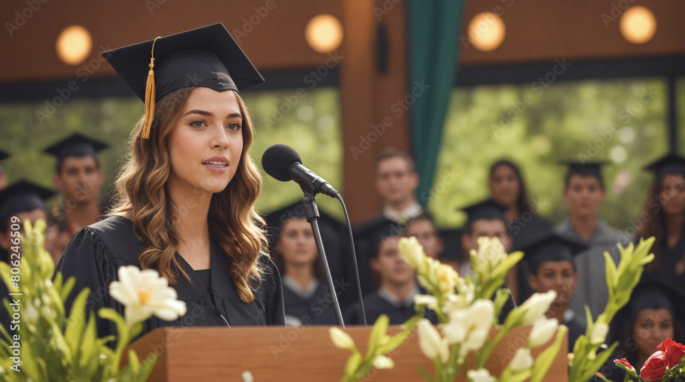 Student give speech at graduating ceremony at college, school. Young ...