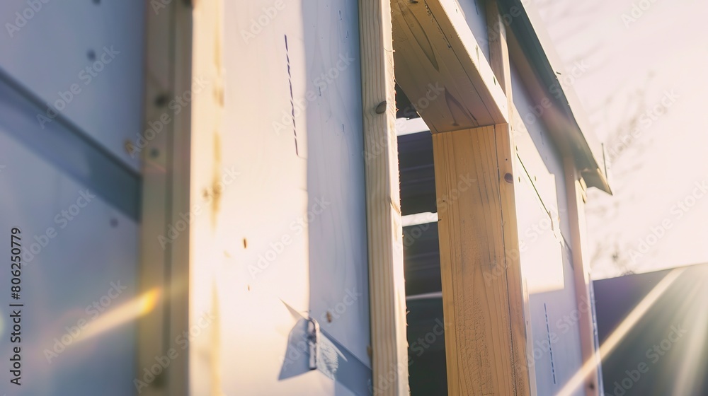 Prefabricated tiny house, panel joint close-up, modern assembly, bright ...