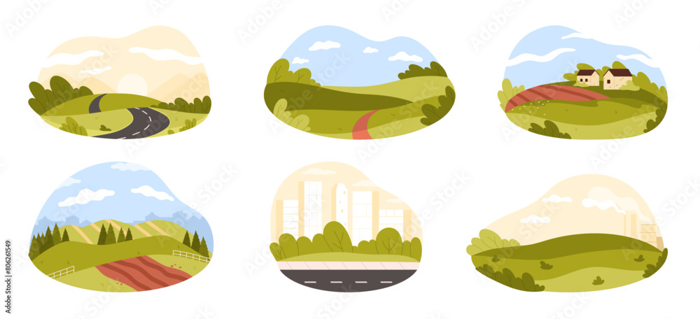 City and summer village landscapes set. Urban scenes with modern ...