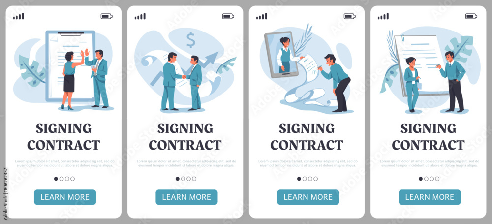 Contract signing. Documents signature. Mobile app interface. Smartphone ...