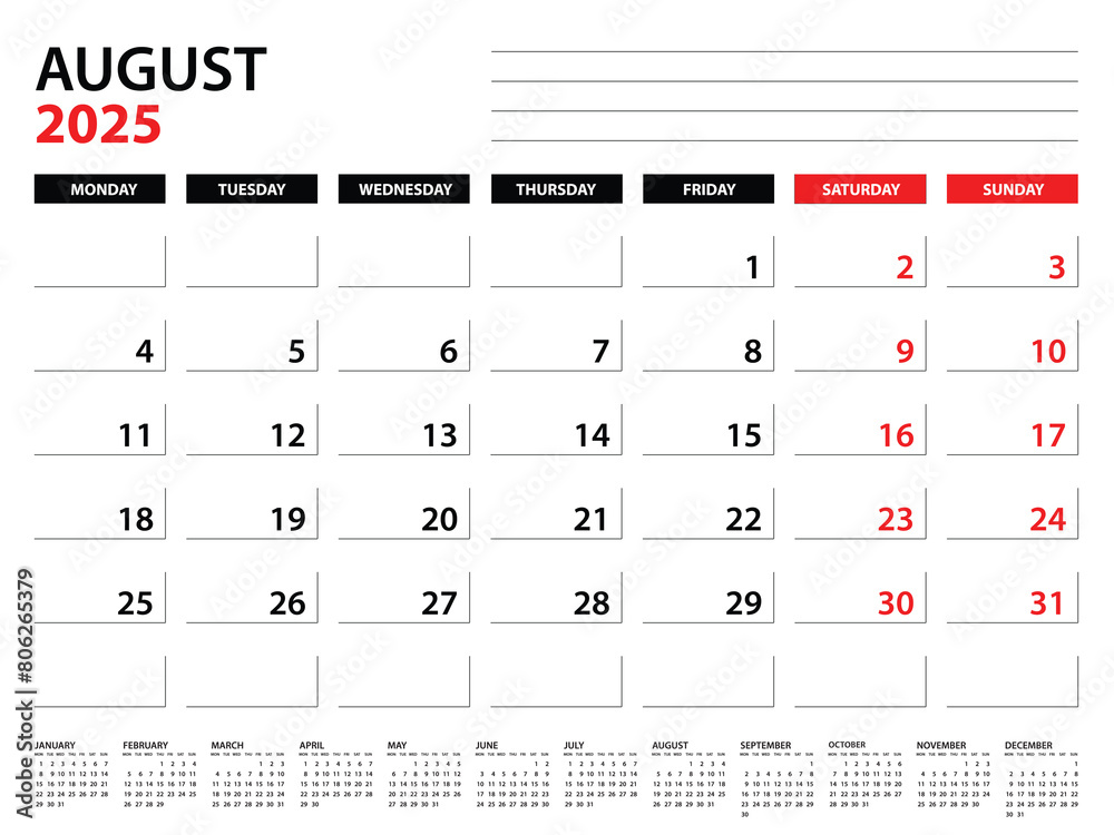 Vector de Stock August 2025 year planner template, calendar 2025 ...