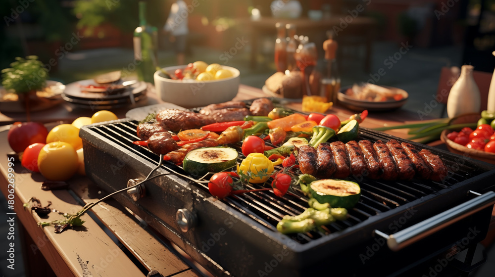 Sizzling BBQ grill loaded with juicy meats and vegetables, ready for a ...