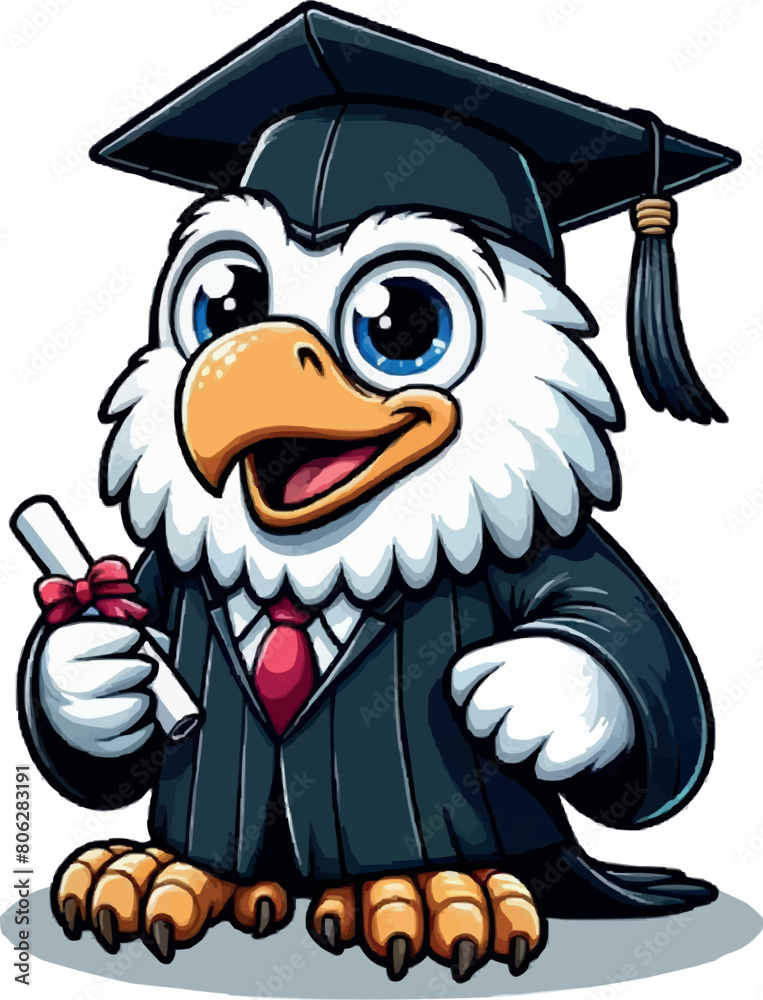 Cartoon bald eagle wearing a black graduation cap and gown, holding a ...