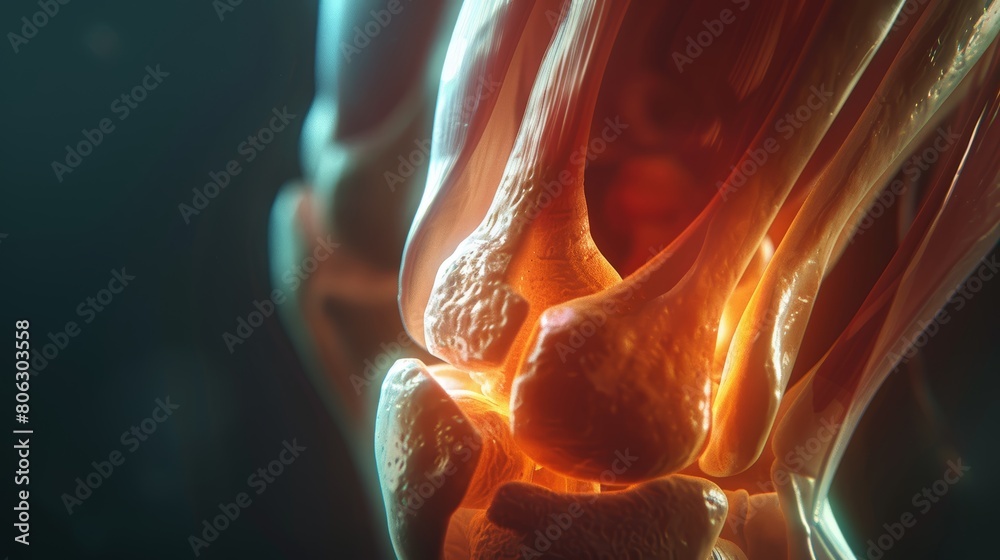 Detailed 3D model of human knee anatomy with pain indicators, medical ...