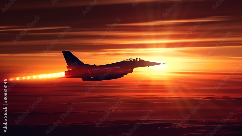 Dramatic image of a military jet performing a highspeed maneuver with ...