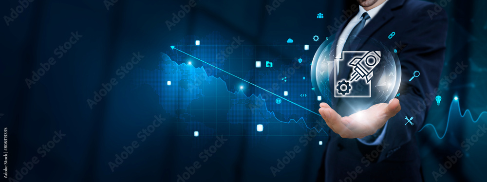Project Management: Businessman Hand Holding Project Management Icon ...