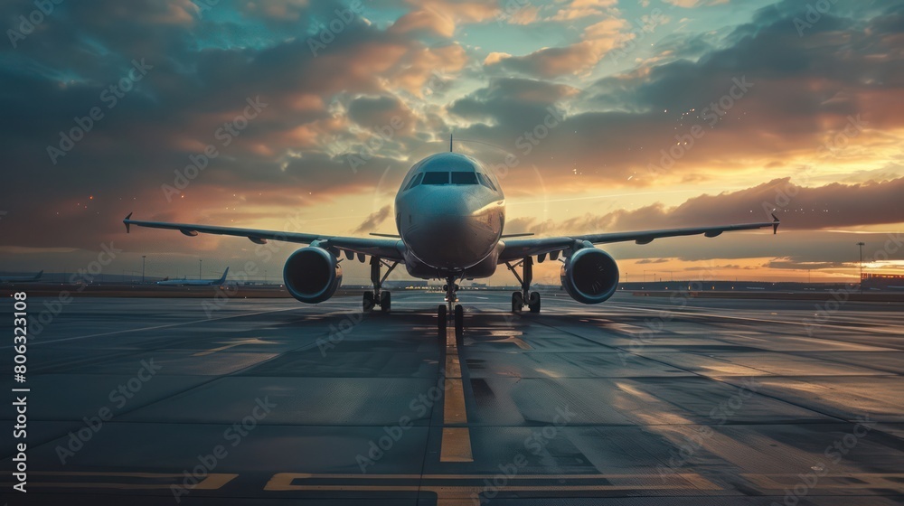 The front view of an airplane on an airport runway with the twilight ...