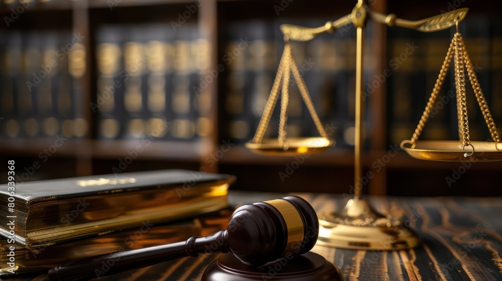 Symbolic legal elements, scales and gavel, rest upon a rich wooden desk ...