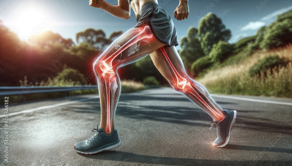 Runner in Pain with X-Ray of Tibia and Fibula Bones, Running on Asphalt ...
