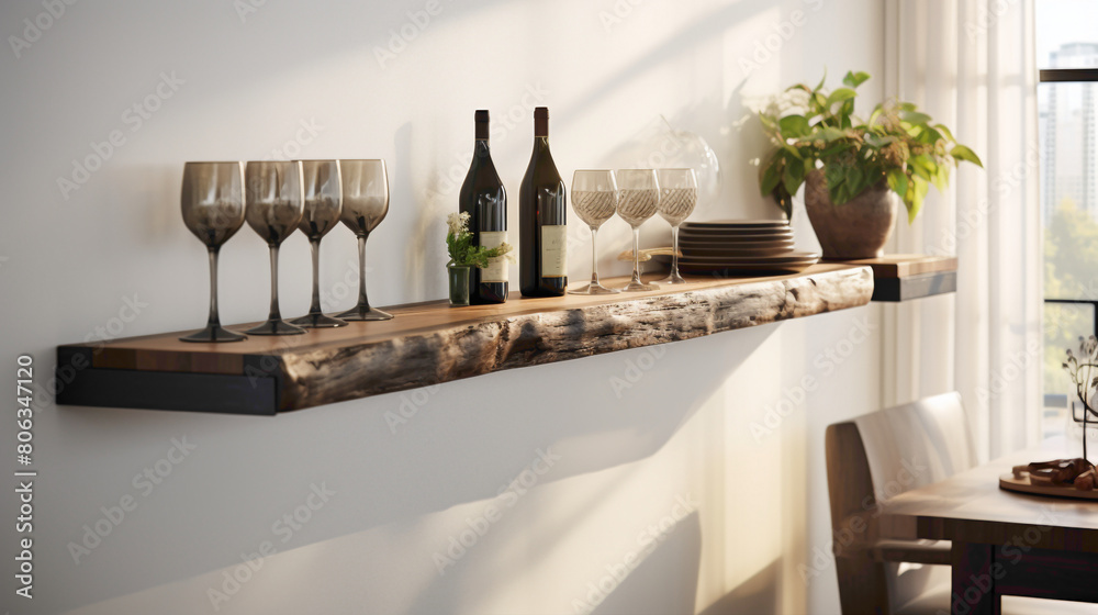 Step into a chic living space with a wood floating shelf as the ...