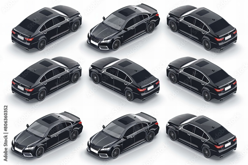 Isometric View of a Black Sedan Car from Multiple Angles Stock ...
