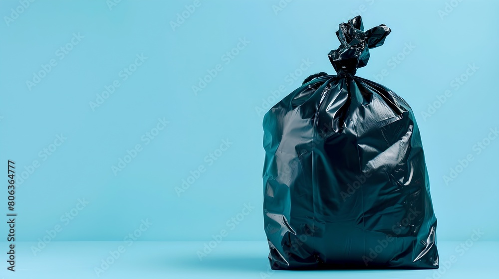 Black trash bag stands isolated on a blue background, symbolizing waste ...