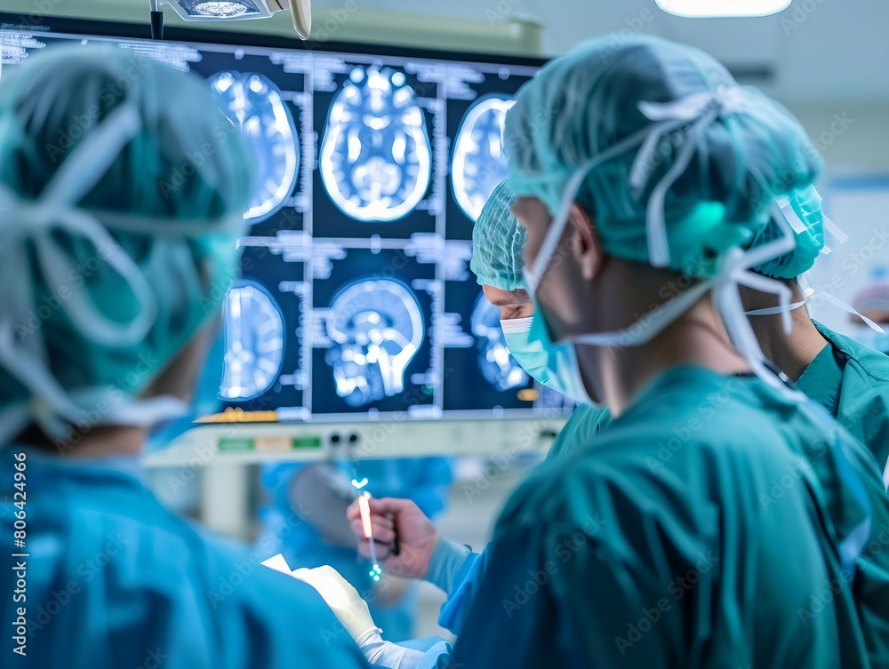 A medical team is focused on reviewing multiple brain scan images ...
