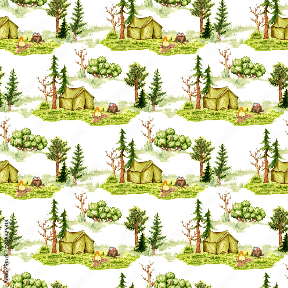 Tent on a green clearing in the forest pattern watercolor illustration ...