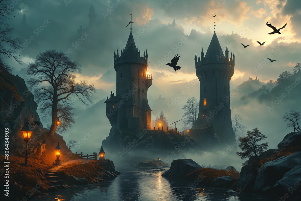 ethereal fantasy concept art of , medieval lighted lookout tower in ...