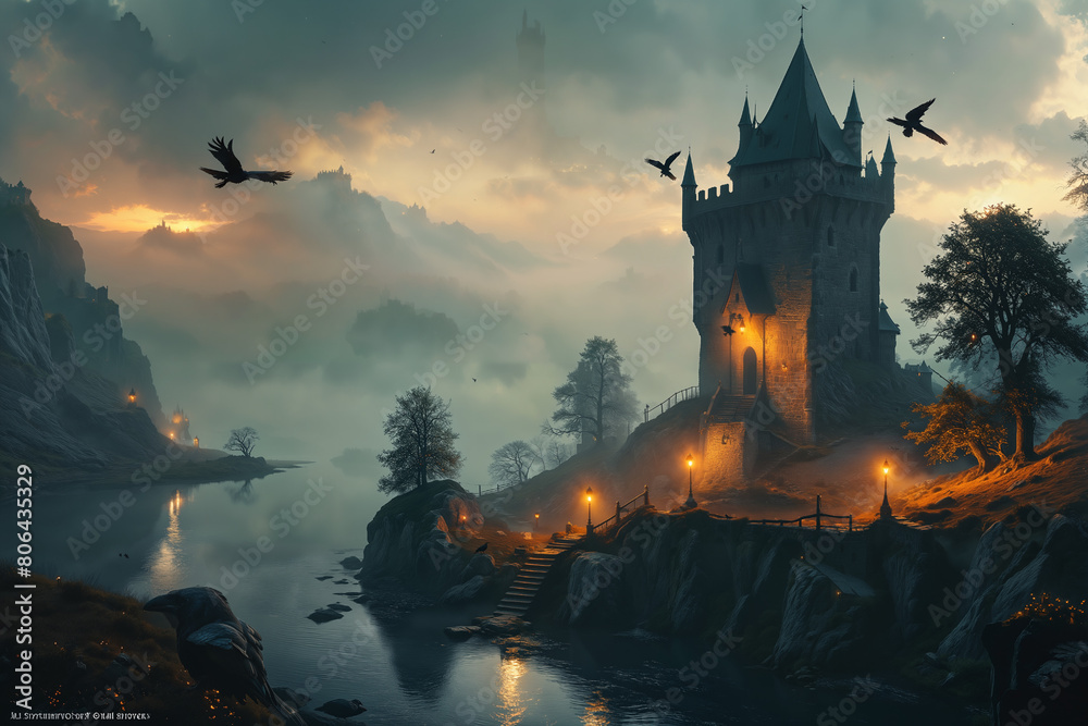 Stock-Foto „ethereal fantasy concept art of , medieval lighted lookout ...