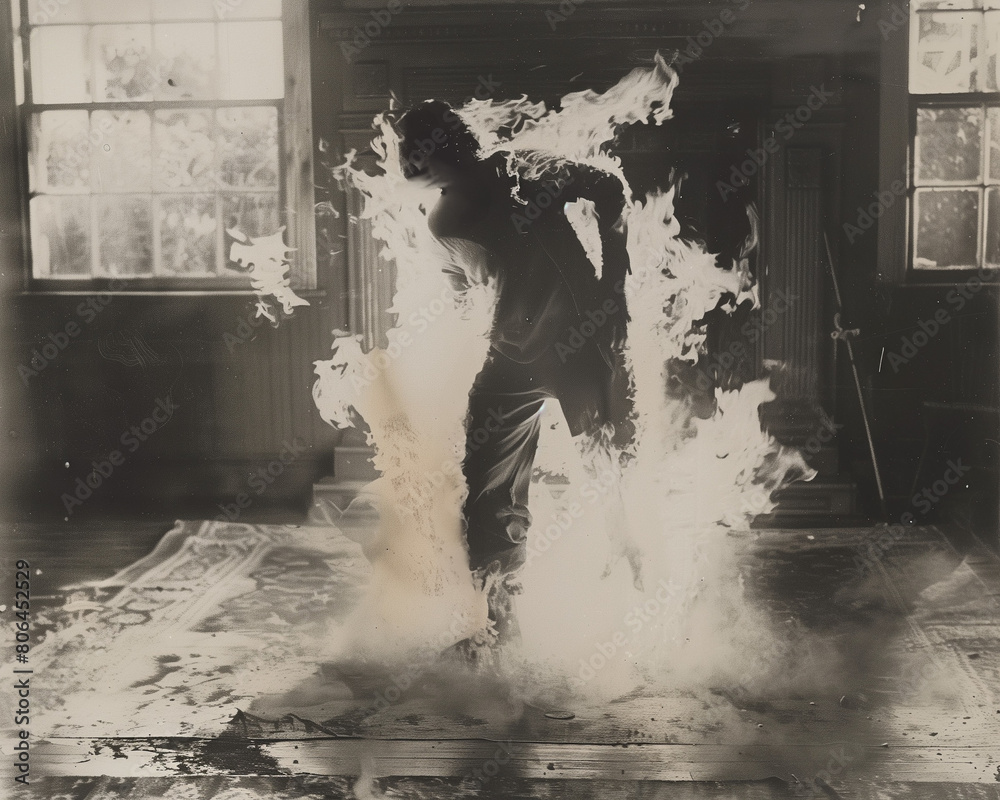Person engulfed in flames and fire, inside a dimly lit house. Old black ...