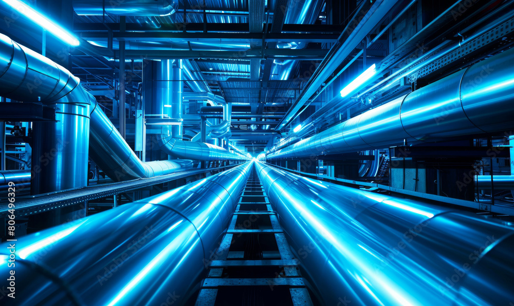 Numerous gas pipelines, steel water pipes in a technical room ...