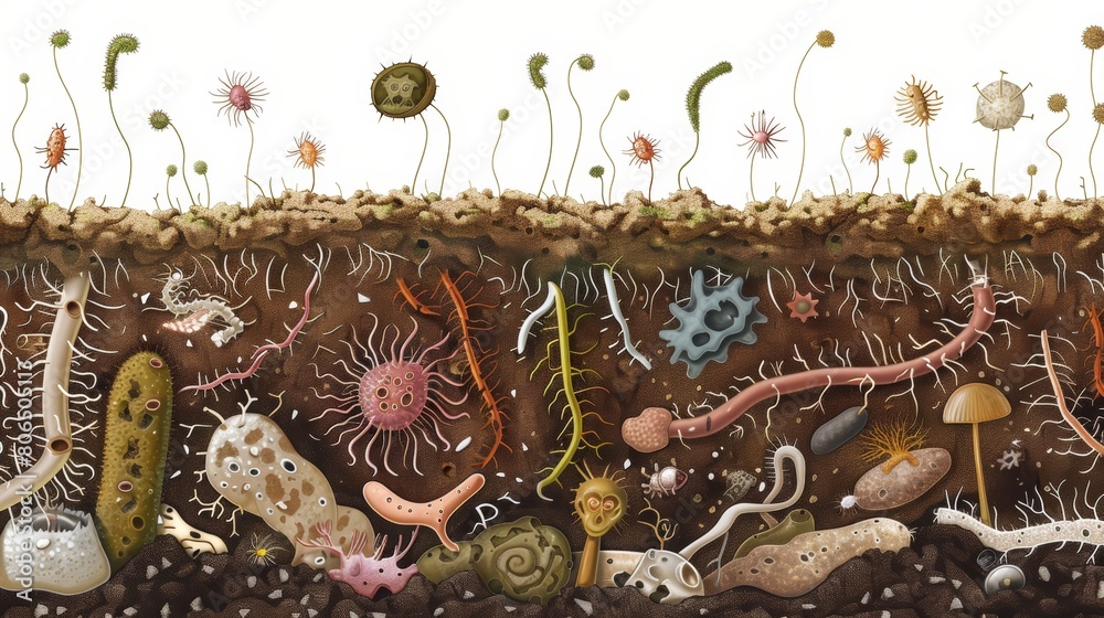 Detailed scientific illustration of microorganisms in action within ...