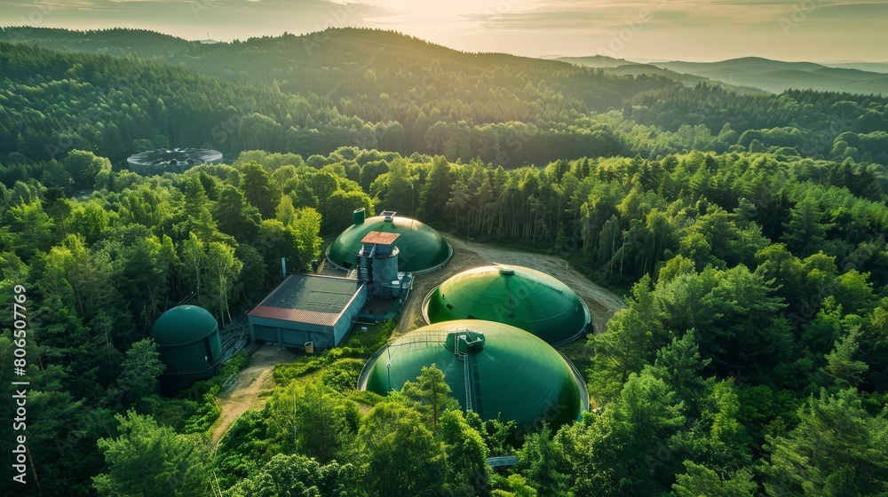 A modern biogas plant nestled in a lush forest, converting organic waste into electrical energy ...