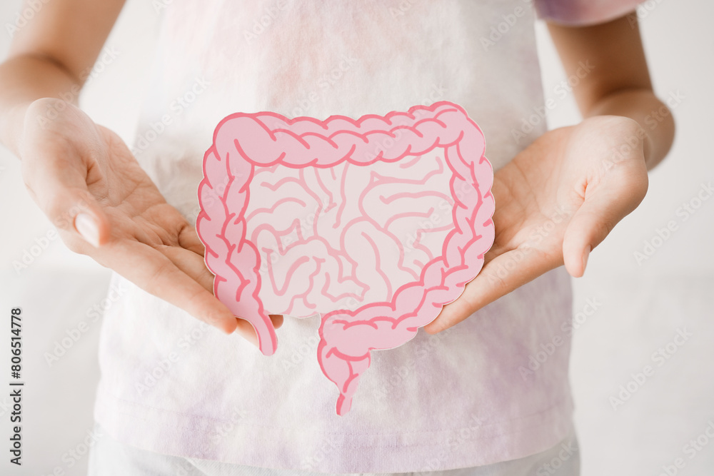 Preteen girl hands holding intestine shape, healthy bowel digestion ...