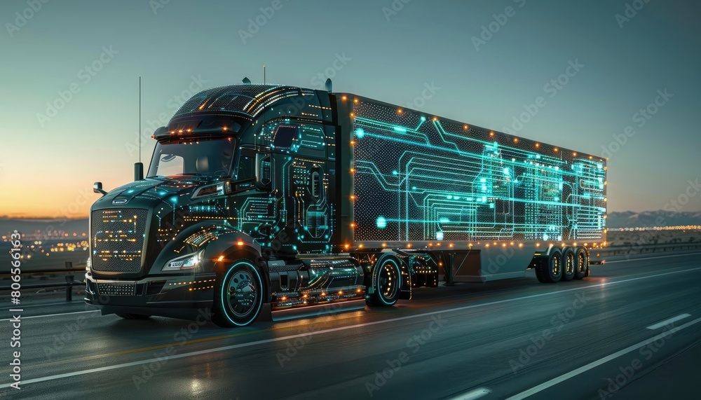 Futuristic truck with digital circuit patterns on the side, driving ...